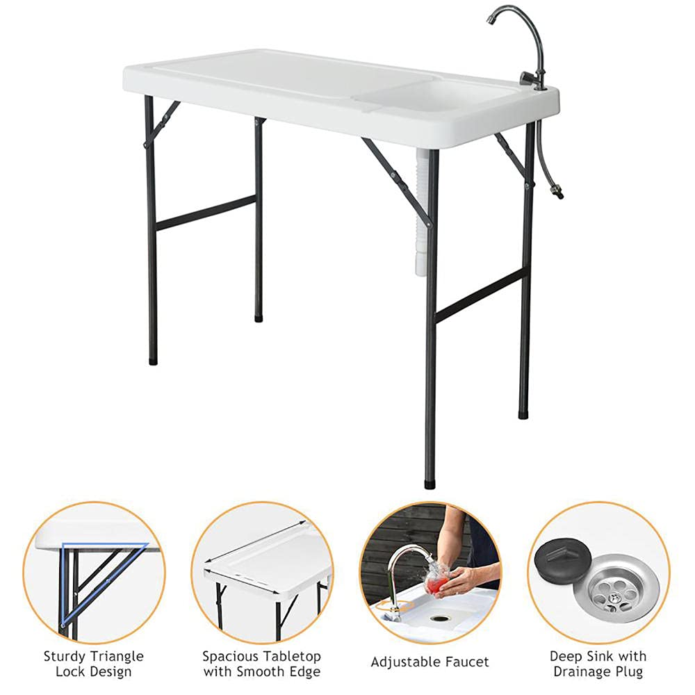 Fish Cleaning Table with Sink and Sprayer Camping Sink Table Portable Folding Camping Table Fish Fillet Hunting Cleaning Cutting Table Outdoor Gardening' Removable Picnic Table-White (with Sprayer)