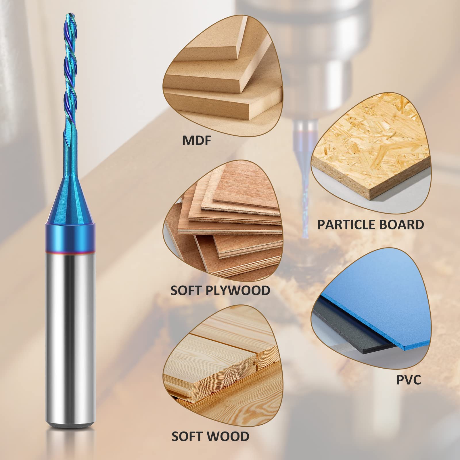 HQMaster Spiral Router Bits 1/4 inch Shank 1/16β Cutting Diameter Solid Carbide Nano Blue Coated Spiral CNC Bits End Mill for Wood Cut Carving Engraver (1/16" Downcut)