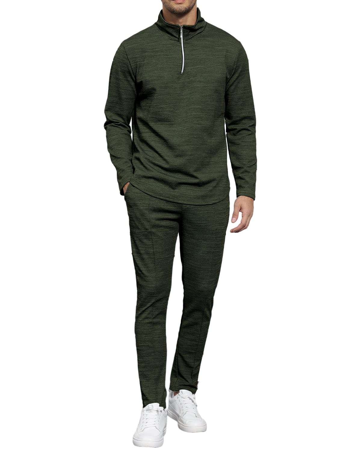 Fashion Men's Tracksuit 2 Piece Athletic Sweatsuits Zip Polo Shirts and Jogging Pants Running Sets Green