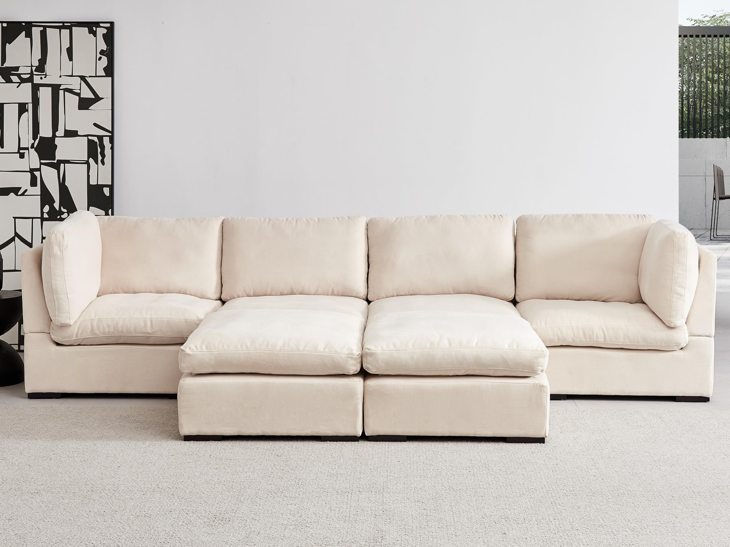 N NOORDENIYA 129'' Polyester U Shape Sectional Cloud Sofa, Oversized Modern Cloud Sectional Couch with Reversible Chaise, 6 Seater Sofa Set for Living Room, Apartment, Office. Beige