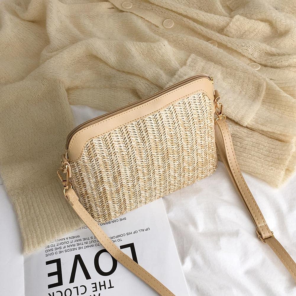 Fashion Straw Crossbody Bag Woven Boho Beach Holiday Women Shell Shoulder Bags, Light Brown, 21 x 18 x 5cm