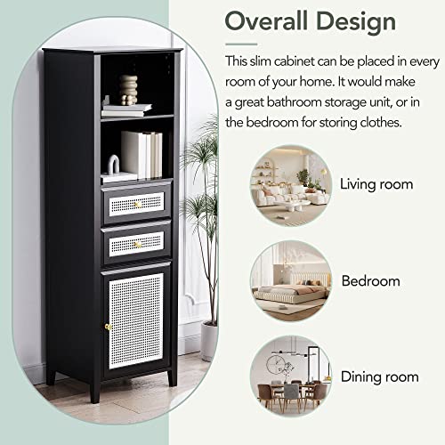 OPTOUGH Boho Style Slim Tall Storage Narrow Bathroom Corner Rattan Door Mid Century Modern Tower Freestanding Cabinet Organizer with Metal Handles for Kitchen, Living Room, Bedroom, Black