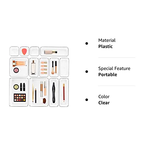 Ravinte 13 PCS Drawer Organizer Plastic Storage Bins, 5 - Size Kitchen Drawer Organizer with Non-Slip Pads Clear Desk Storage Tray for Makeup, Jewelries, Kitchen Utensils and Office