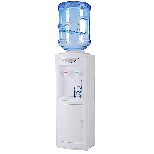 Hot & Cold Water Dispenserļ¼Water Cooler Dispenser 5 Gallon Top-Loading Water Coolers with Child Safety Lock Removable Drip Tray & Storage Cabinet for Home Office (White)