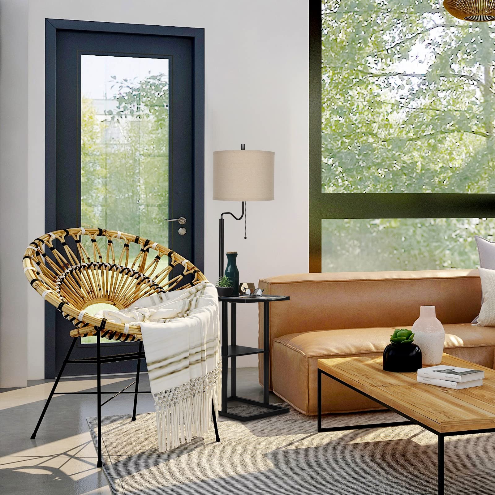 Floor Lamp with Side Table - USB Charging Port, Power Outlet, Modern Bedside Nightstand Lighting, Dark Grey Attached Side Table with Shelves for Living Room, Bedroom, Guest Room, Bulb Sold Separately