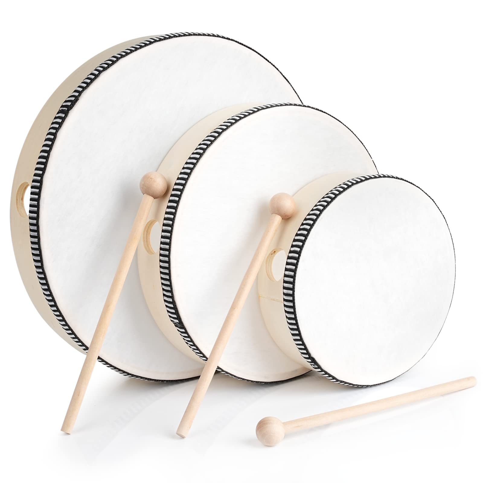 Hand Drums, 3 Pcs Wood Frame Hand Drums with 3 Drumsticks, Percussion Drums Musical Instrument for Adults, Beginners, 6in & 8in & 10in