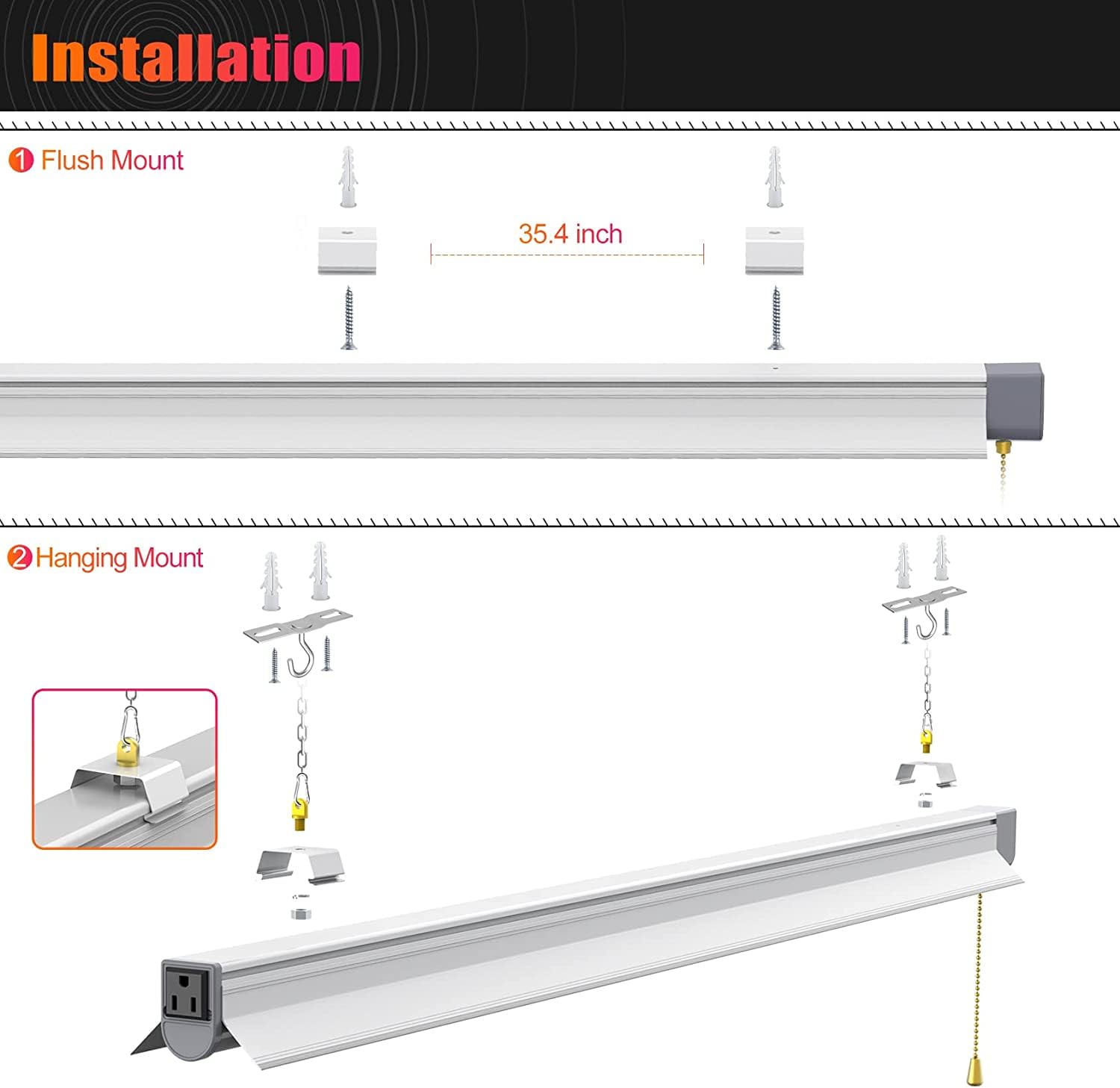 OPENLUX 3.6ft Linkable LED Shop Light, 80W LED Utility Shop Light Fixture,10400LM,41 inch,5000K Daylight for Workshop,Office with Plug and On/Off Pull Chain,Hanging or Surface Mount - 4 Pack