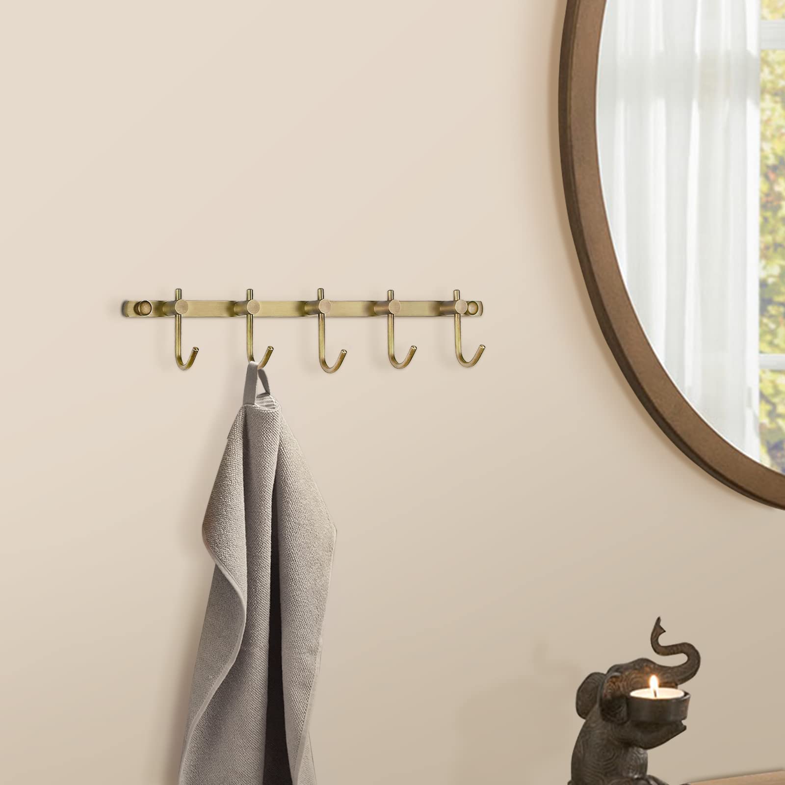 WINCASE Brass Towel Hook Rack, Brushed Brass Wall Hook Rail, Antique Coat Hook Rail Hanger 5 Hooks Bathroom Robe Hooks Wall Mounted