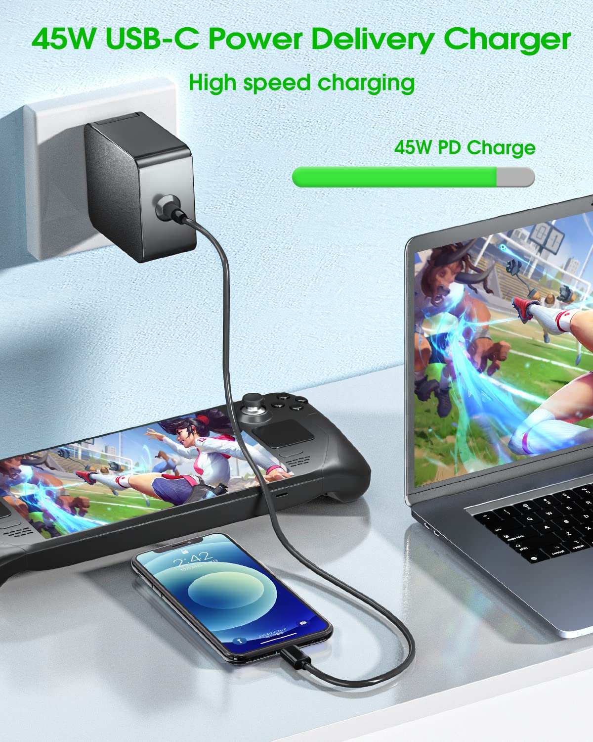 Fast Charger for Steam Deck, AOJAKI 45W PD Foldable Power Adapter with4.9ft USB C Charging Cable Cord,Accessories for Steam Deck TV Dock Console/Nintendo Switch/PS5 Controller/Phone/Tablet/Laptop