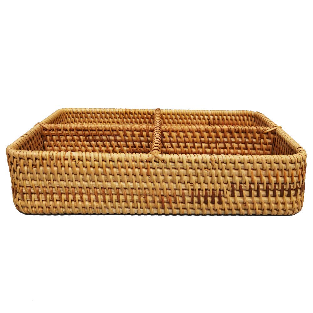 i-lan 4 Compartments Rectangular Rattan Basket, 12 Inch Divided Basket Tray with 3β Deep Wall, Decorative Flat Wicker Serving Basket for Fruit, Snacks, Catch All Dish, Brown