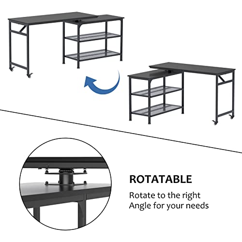 soges Reversible L Shaped Desk, 360° Free Rotating Corner Computer Desk, 47 inch L Desk with Storage Shelves for Home Office, Modern Study Writing Table Workstation, Black
