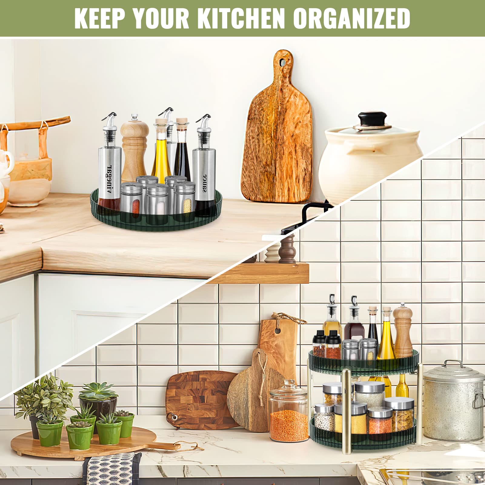 Grathia 2 Tier Spice Rack Organizer for Kitchen, 11 Inch Spice Rack Organizer for Cabinet with Non-Slip Pad, Turntable Seasoning Organizer for Pantry Countertop Organization and Storage (Green)