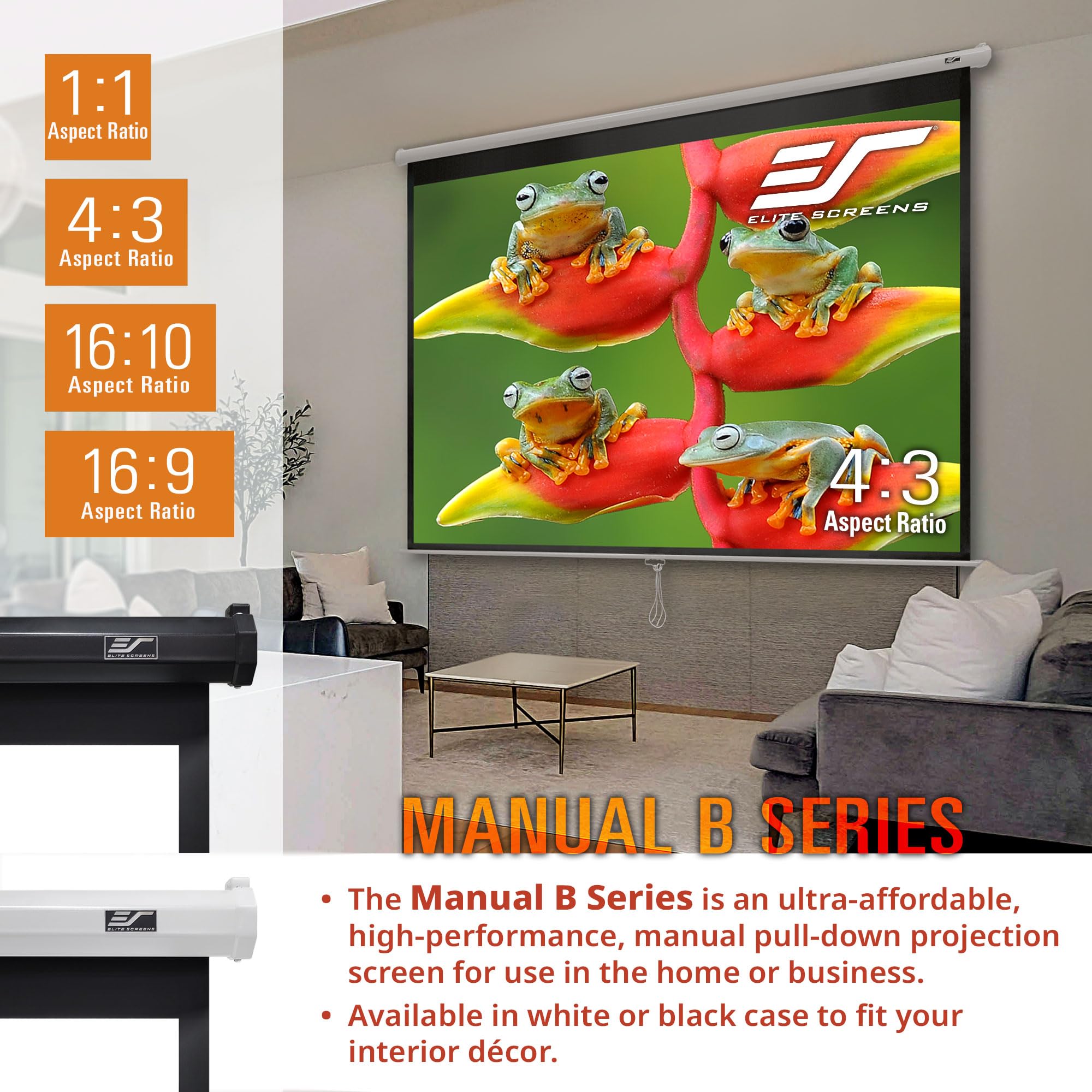 Elite Screens Manual B 110-INCH Manual Pull Down Projector Screen 4K 8K 3D Ultra HDR HD Ready Home Theater Movie Gaming Presentation Screen, M110H
