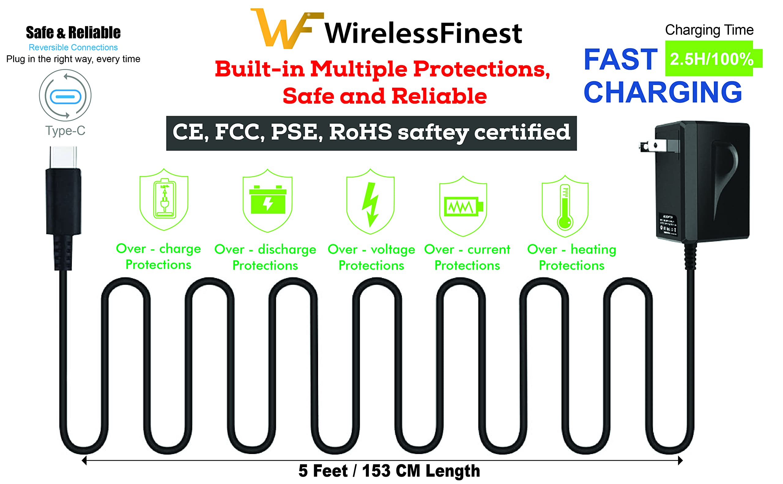Fast Power Supply AC Travel Wall Charger Cable Adapter for Nintendo Switch & Switch Lite & Switch OLED, Work with TV Dock Mode and Dock Station, Android Phones Samsung S10 Note 9 Pixel Type C Plug