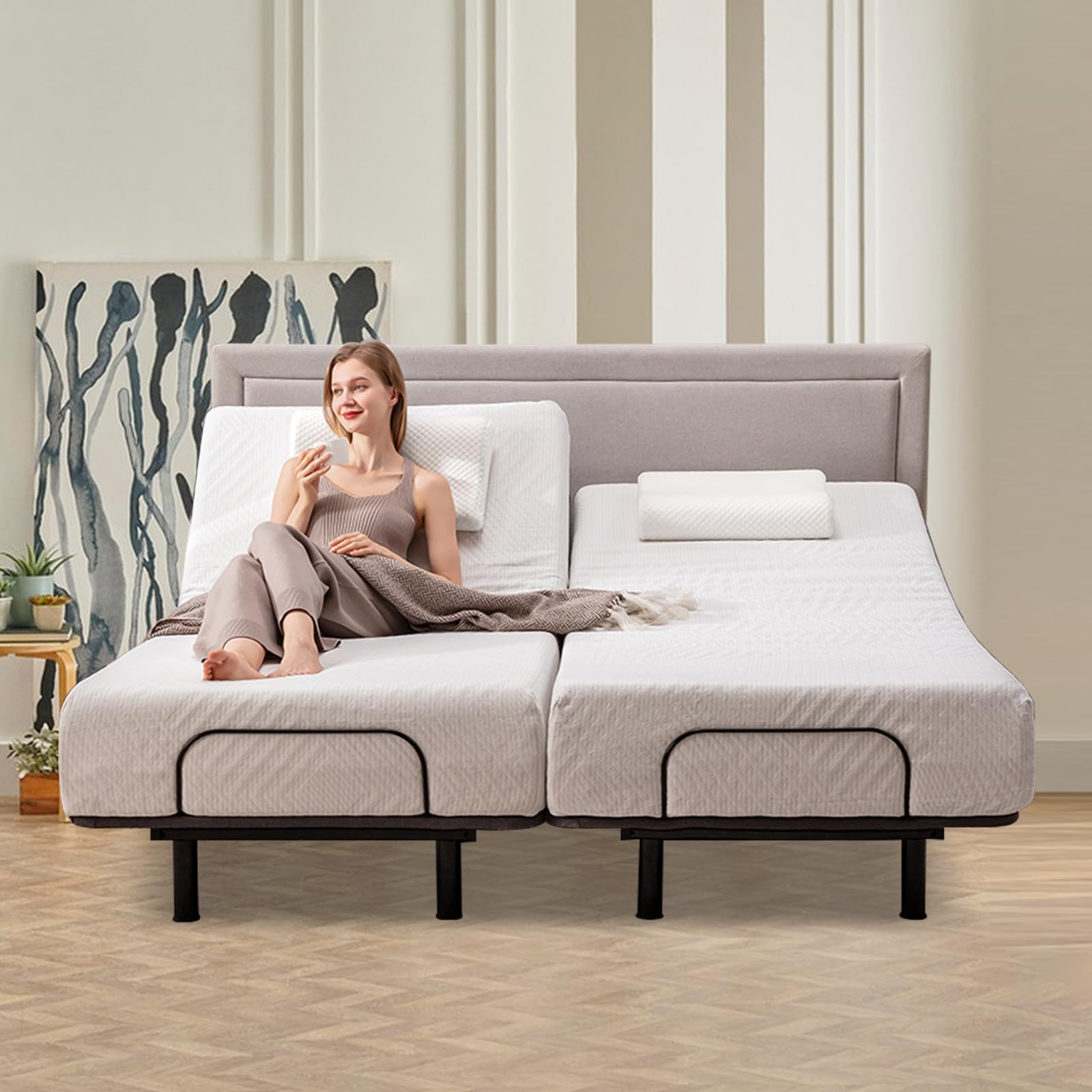 EGOHOME Split King Adjustable Bed Frame with Remote Wired, Zero Clearance Designed Zero Gravity Base for Stress Management with Head Incline, No Tools Assembly, Lighter and Easy for Transportation