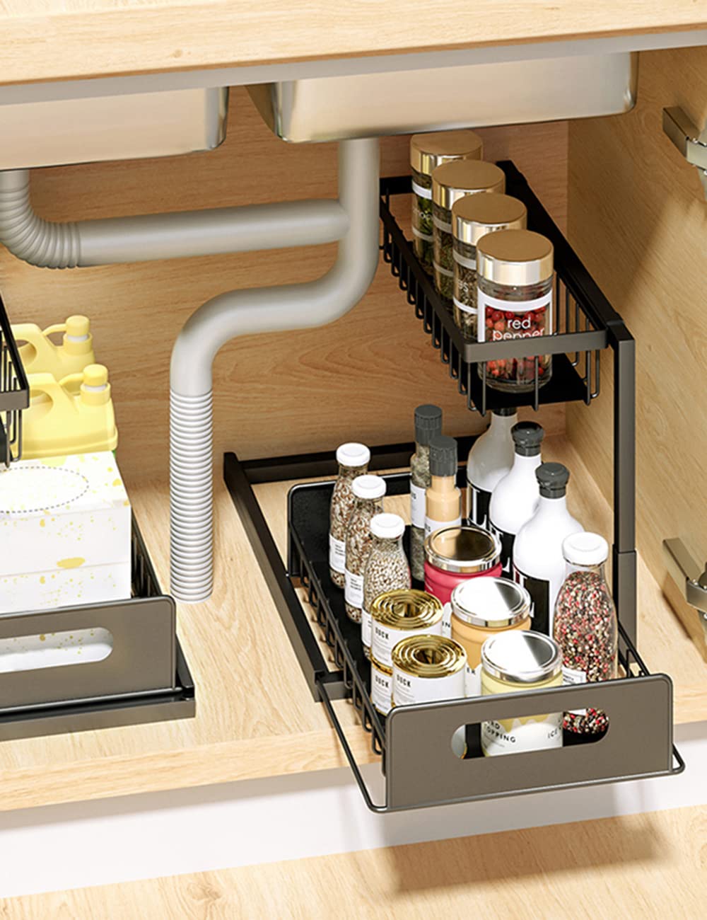 JPSDOWS Under Sink Organizer Storage for Kitchen Cabinet 2 Tier Metal Sliding Pull out Drawer Shelf Basket Organization Rack Multi-purpose for Bathroom Countertop Black
