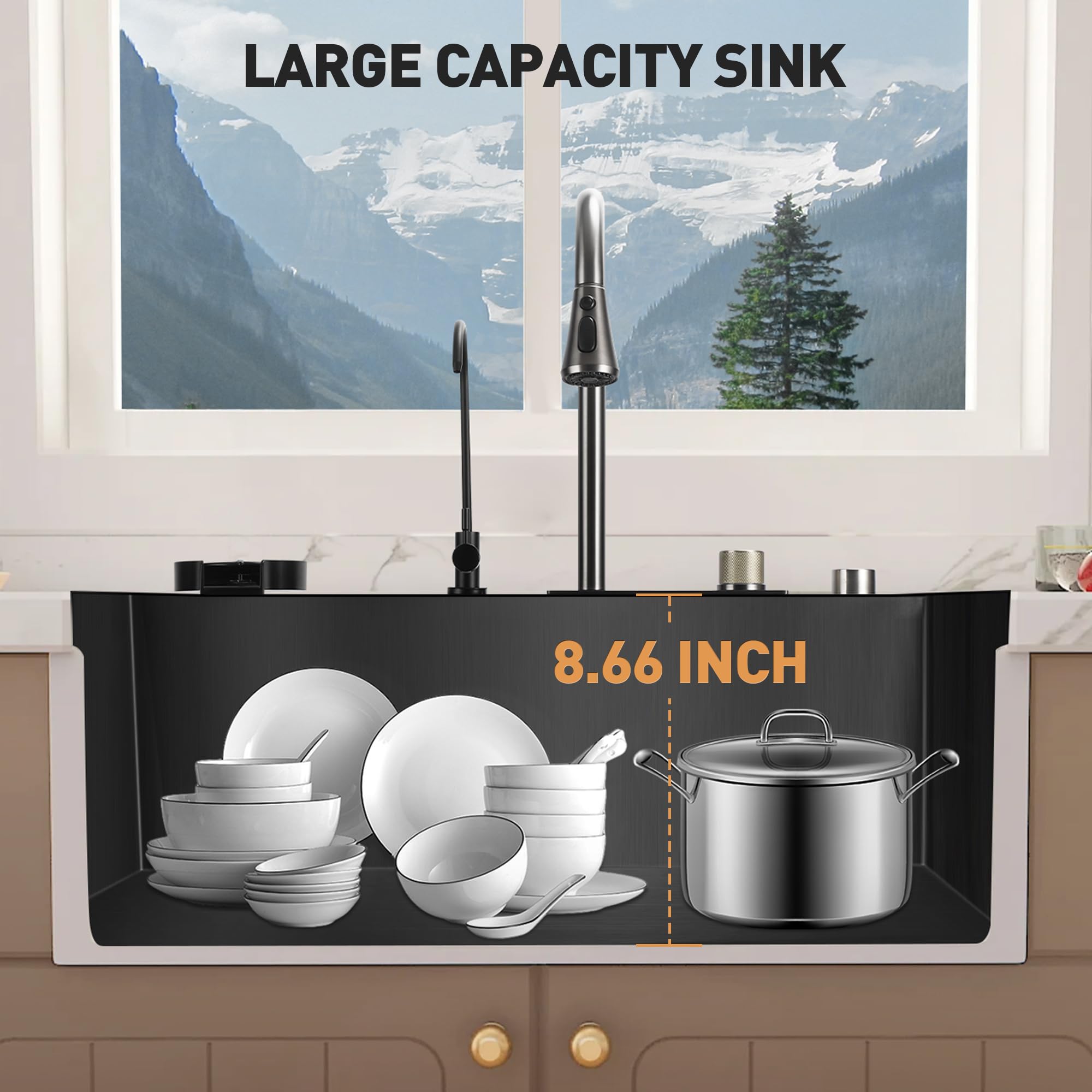 Rengue 32''x 18'' Waterfall Kitchen Sink, Drop In Kitchen Sink Single Bowl, 04 Stainless Steel Kitchen Sink Workstation with Pull-Out Faucet and Multiple Accessories (31.49×17.77×8.66 inch)