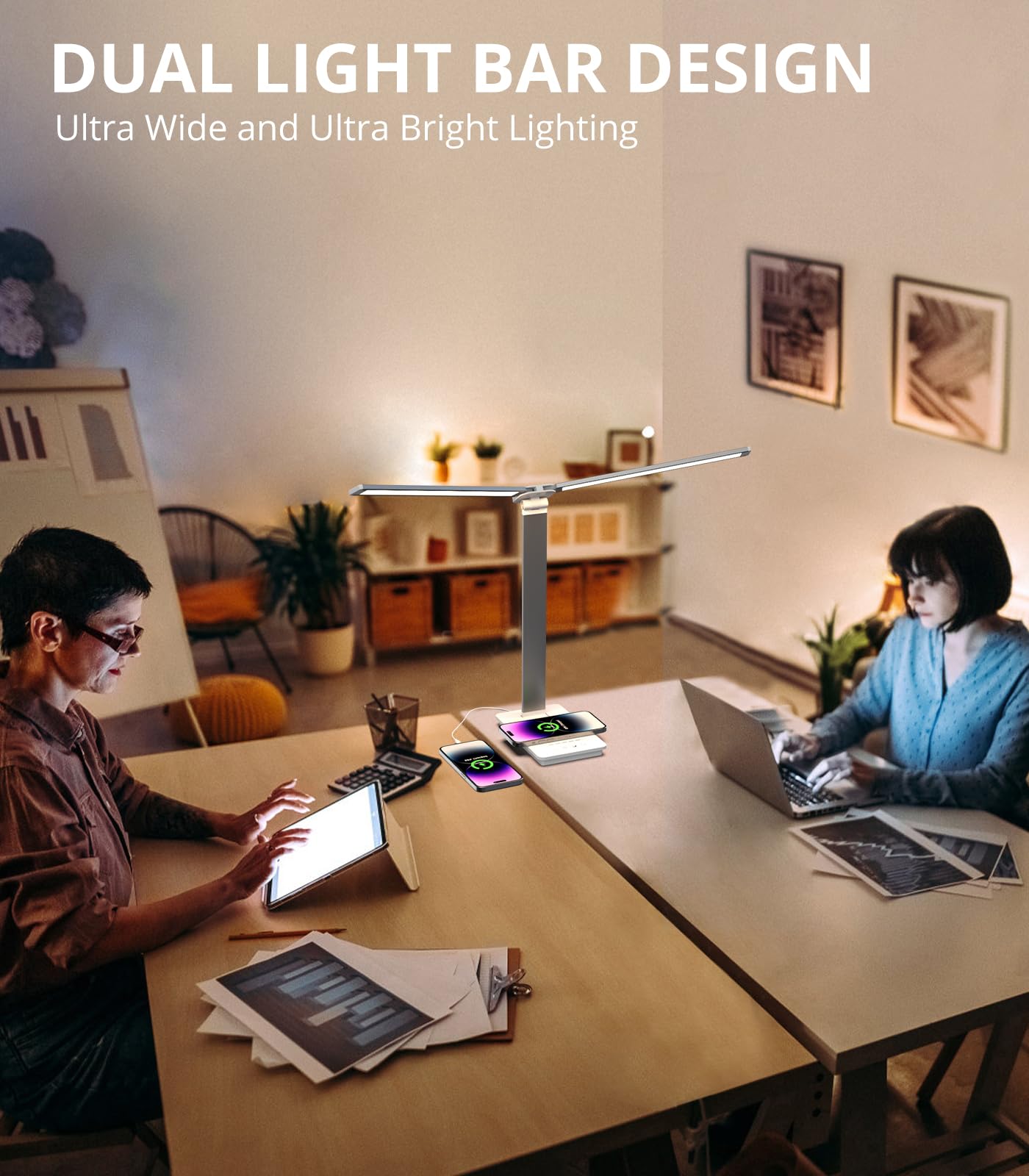 HSicily LED Desk Lamp with Wireless Charger, Double Head Desk Lamps for Home Office, Bright Desk Lamp with USB Charging Port for College Dorm Room, 5 Light Modes Desk Light with Timer, Night Light