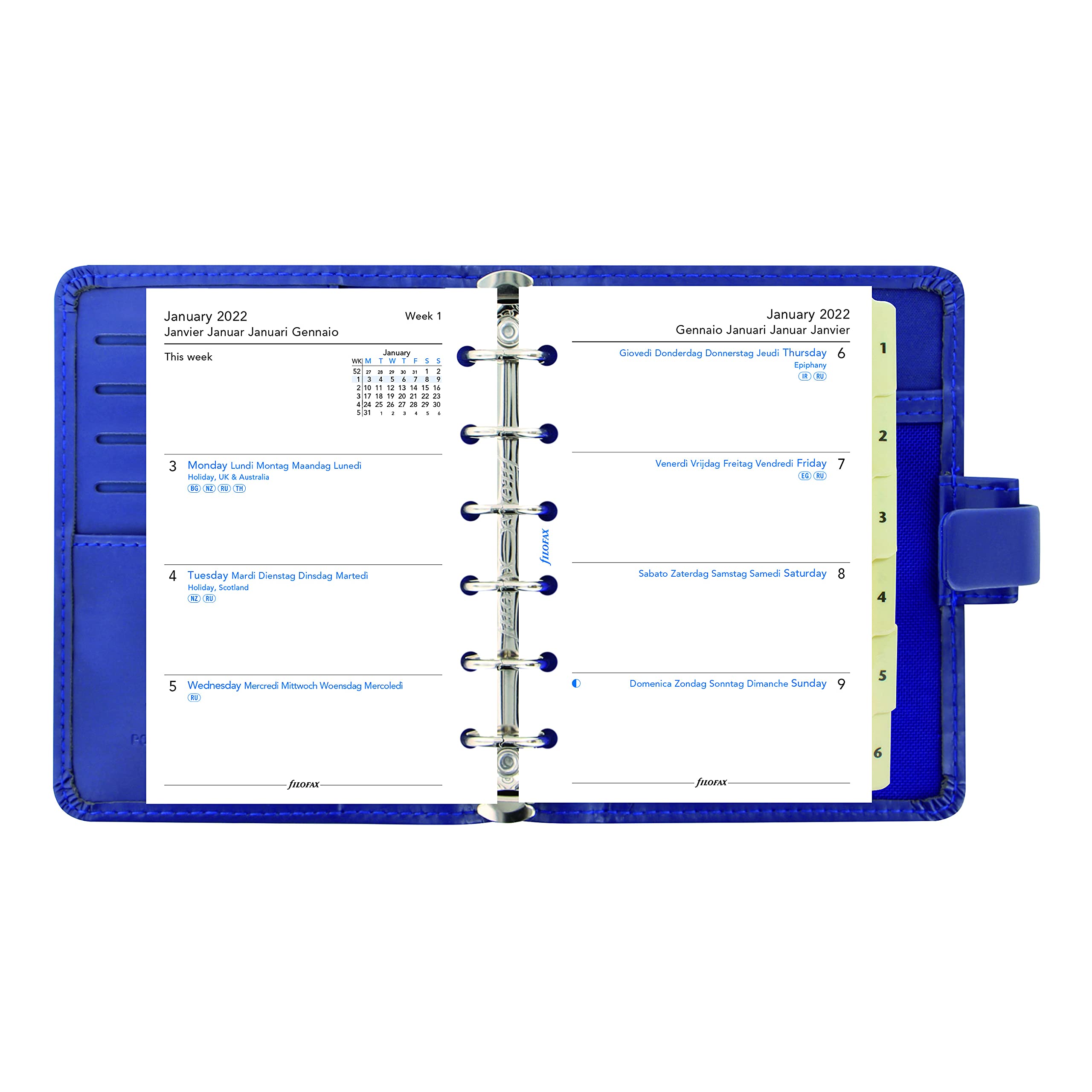 Filofax Metropol Organizer, Pocket Size, Navy - Leather-Look, Six Rings, Week-to-View Calendar Diary, Multilingual, 2022 (C026909-22)
