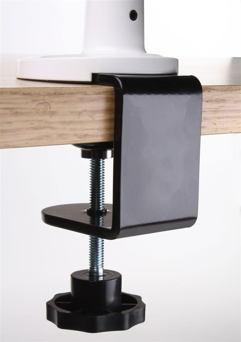 Displays2go, Tablet Desk Holder, Aluminum Construction, Locking Design β White, Black Finish (IPROFLXTDA)