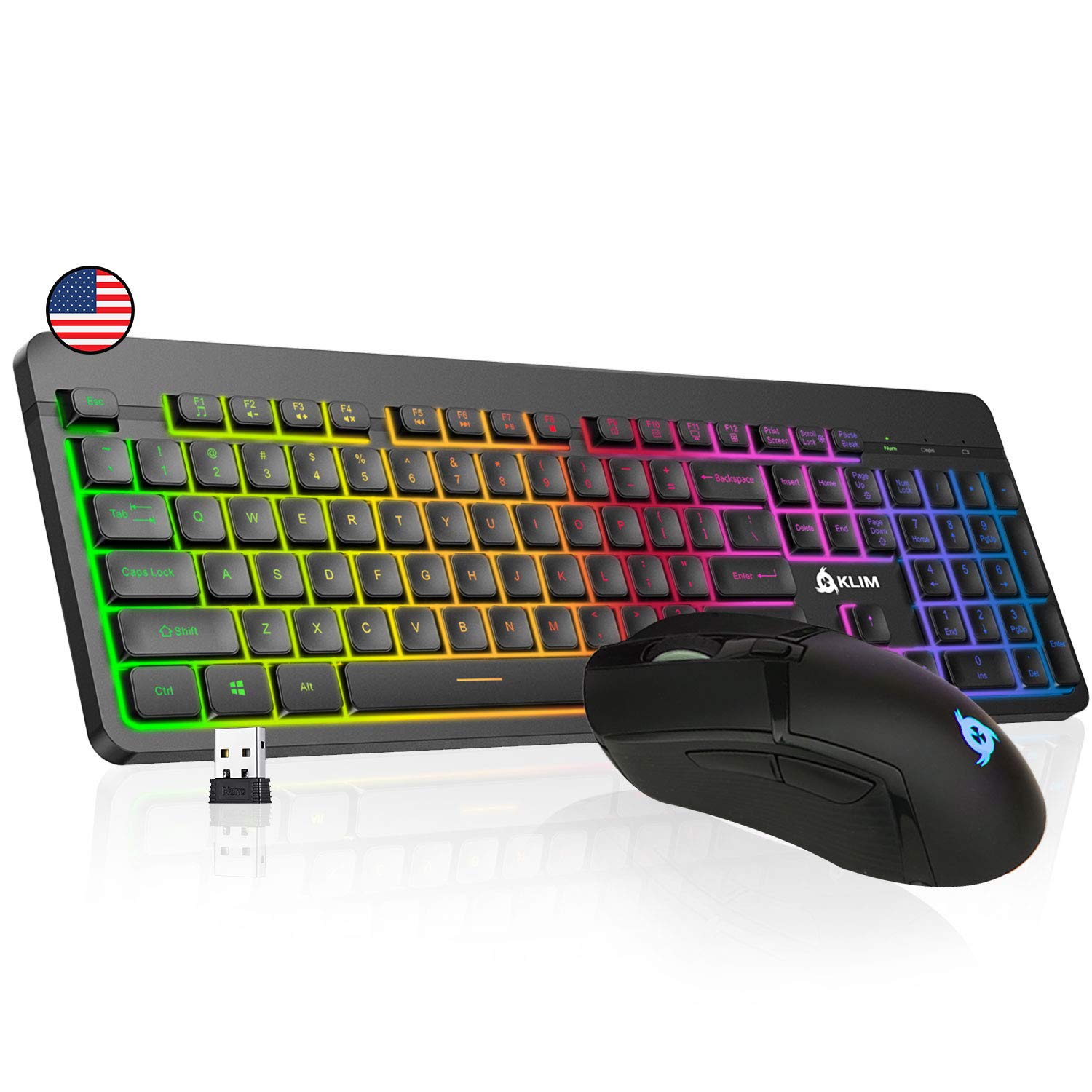KLIM Tandem - Wireless Gaming Keyboard and Mouse Combo + Slim, Durable, Ergonomic + Illuminated + Long-Lasting Built-in Battery (Renewed), Black