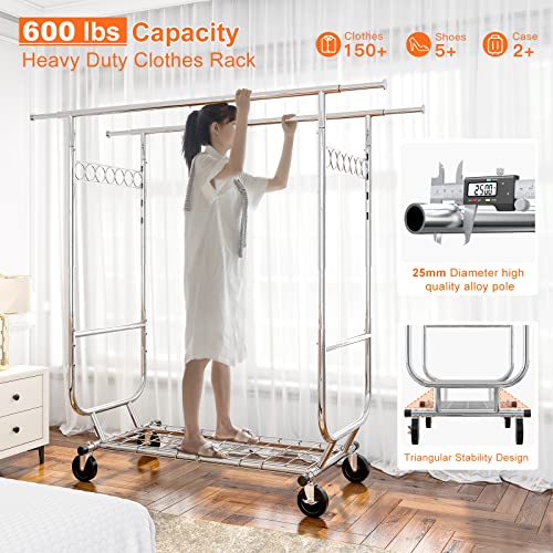 Raybee Clothes Rack Heavy Duty Clothing Rack Loads 600LBS, Clothing Racks for Hanging Clothes, Rolling Clothes Rack with Wheels Garment Rack, Collapsible & Portable Clothing Rack, 76"W x 22"D x 69"H