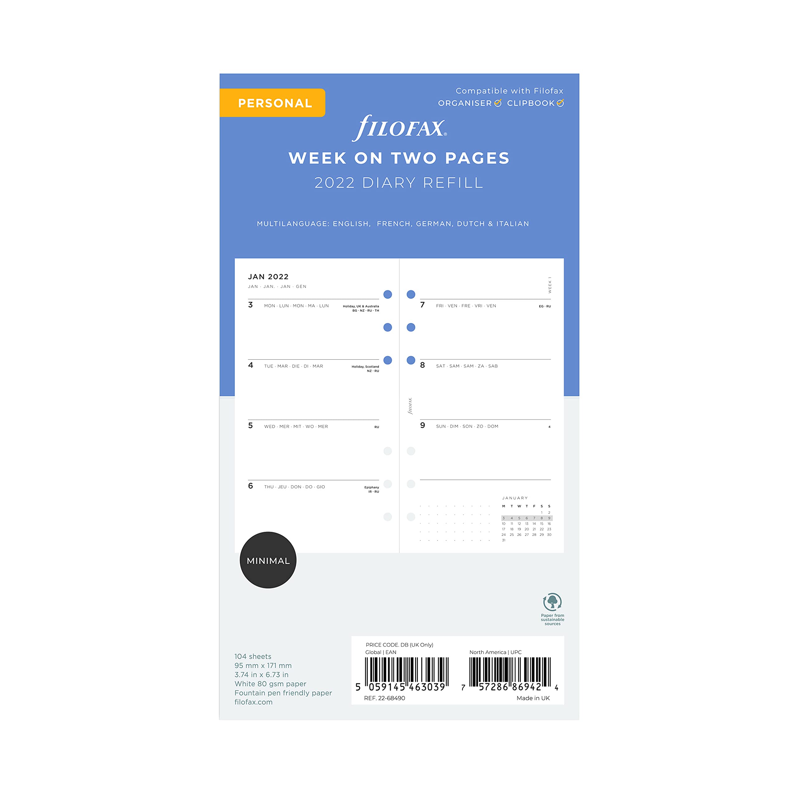 Filofax Refill, Personal/Compact Size, Week-to-View, Minimal Diary Pack, White Paper, Multilingual: Five Languages, 2022 (C68490-22)