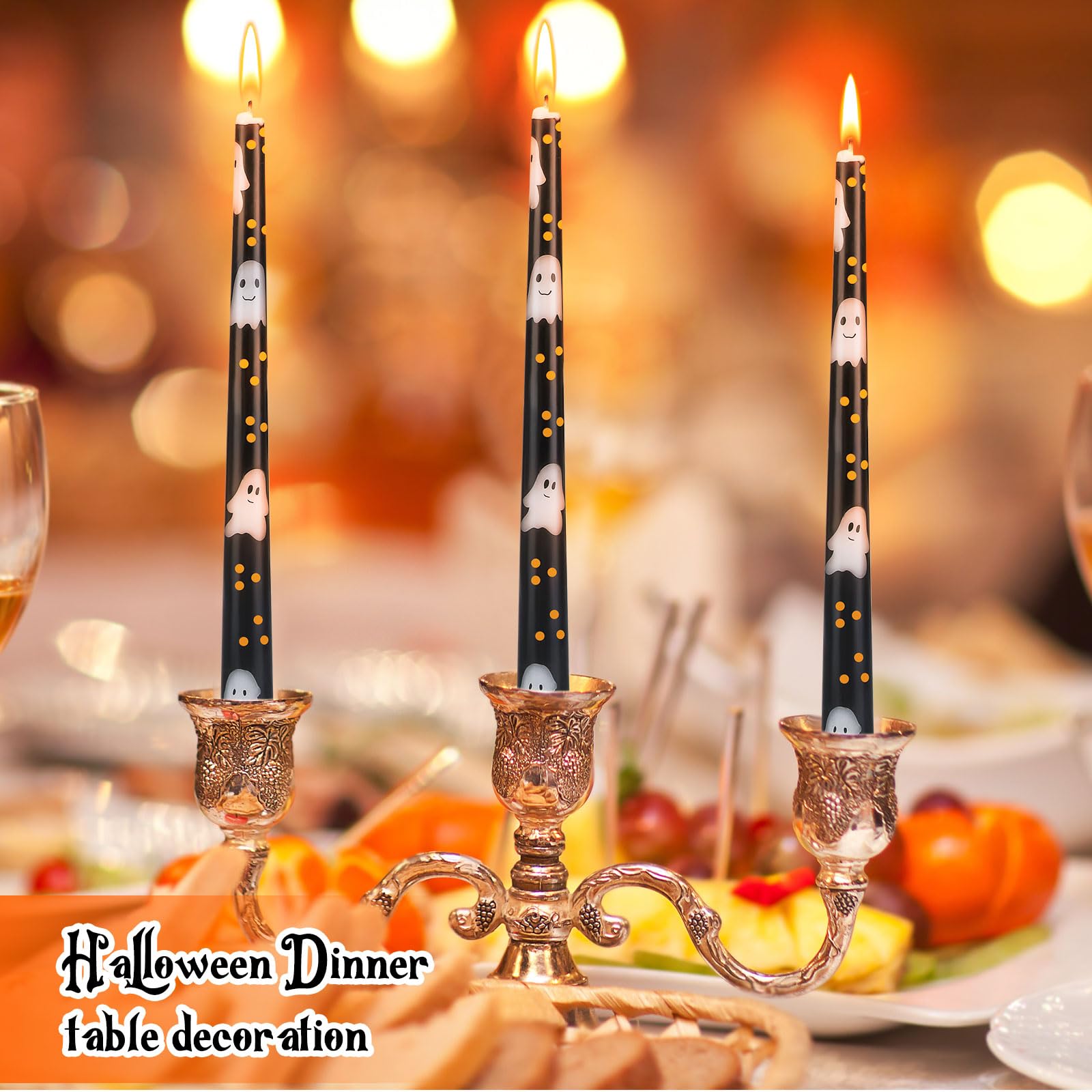 Threlaco 6 Pcs 9.8" Black Halloween Taper Candles Ghost Candles Unscented Taper Candles Ghost Halloween Decor for Halloween Dinner Table Party Gift Home Decorations