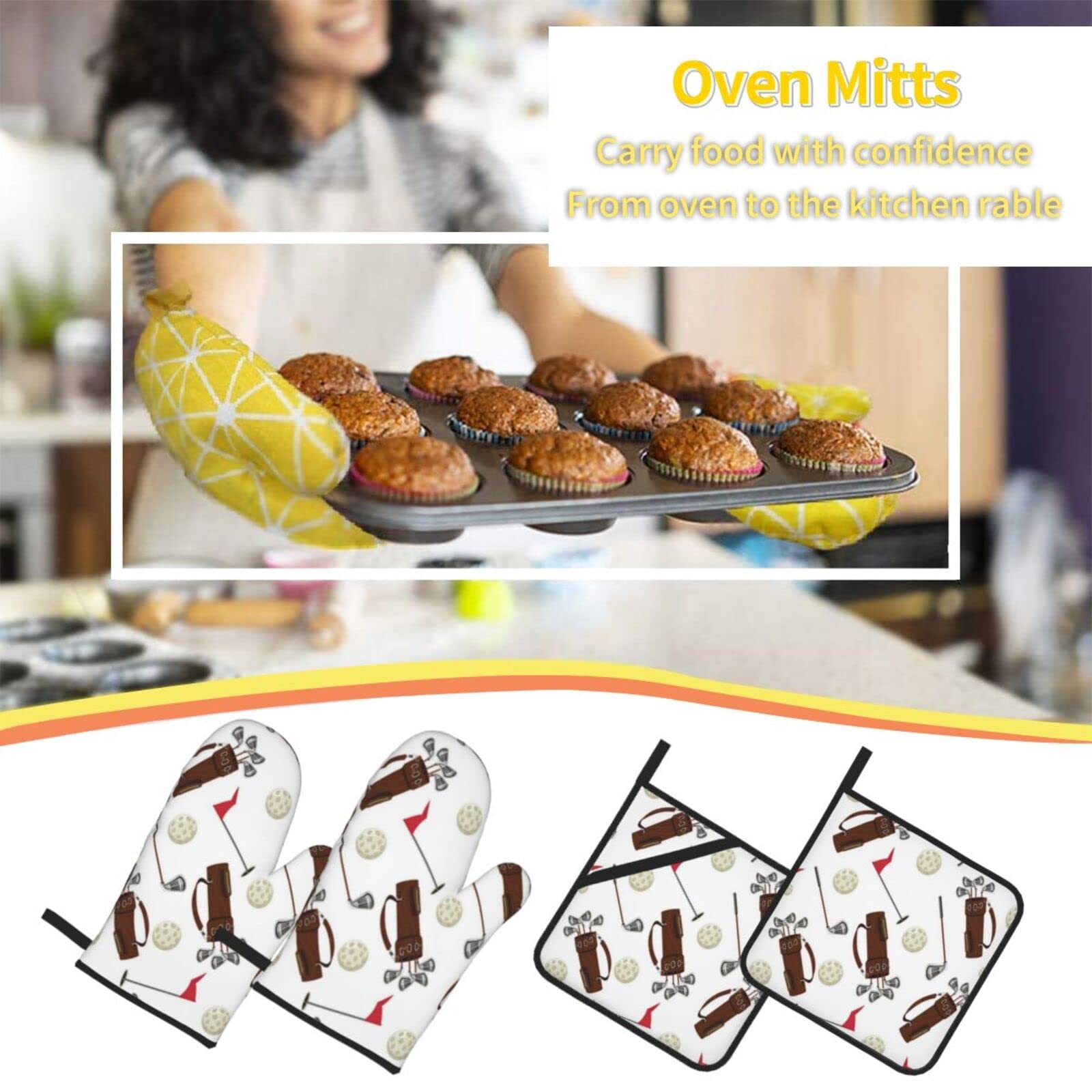 Golf Theme Oven Mitts and Pot Holders Set of 4 for Kitchen Cooking BBQ Baking