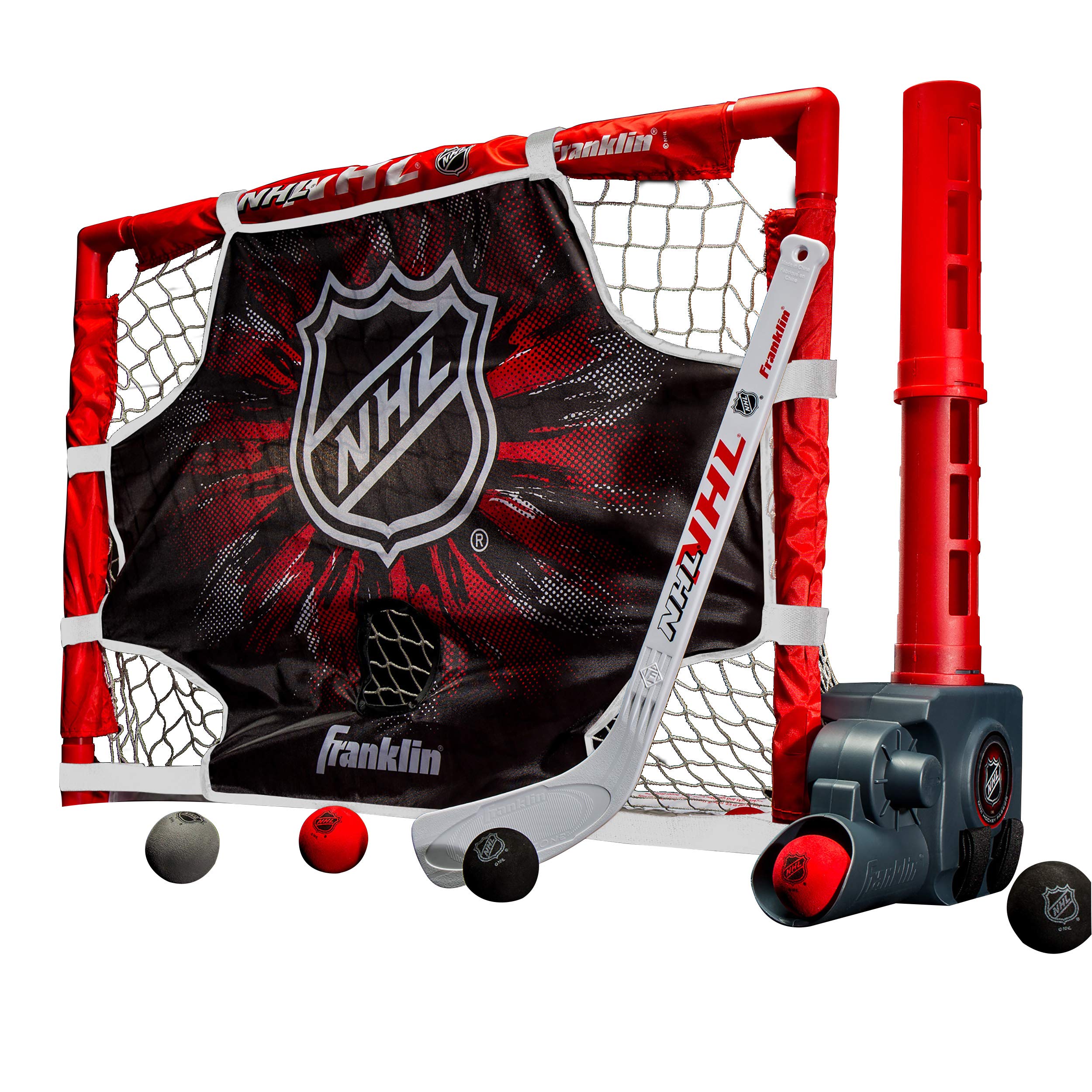 Franklin Sports NHL Kids Knee Hockey Goal Set - Mini Hockey Goal + Stick Set - Automatic Hockey Ball Passer, Goal & Target Set - Youth Toy Hockey Set