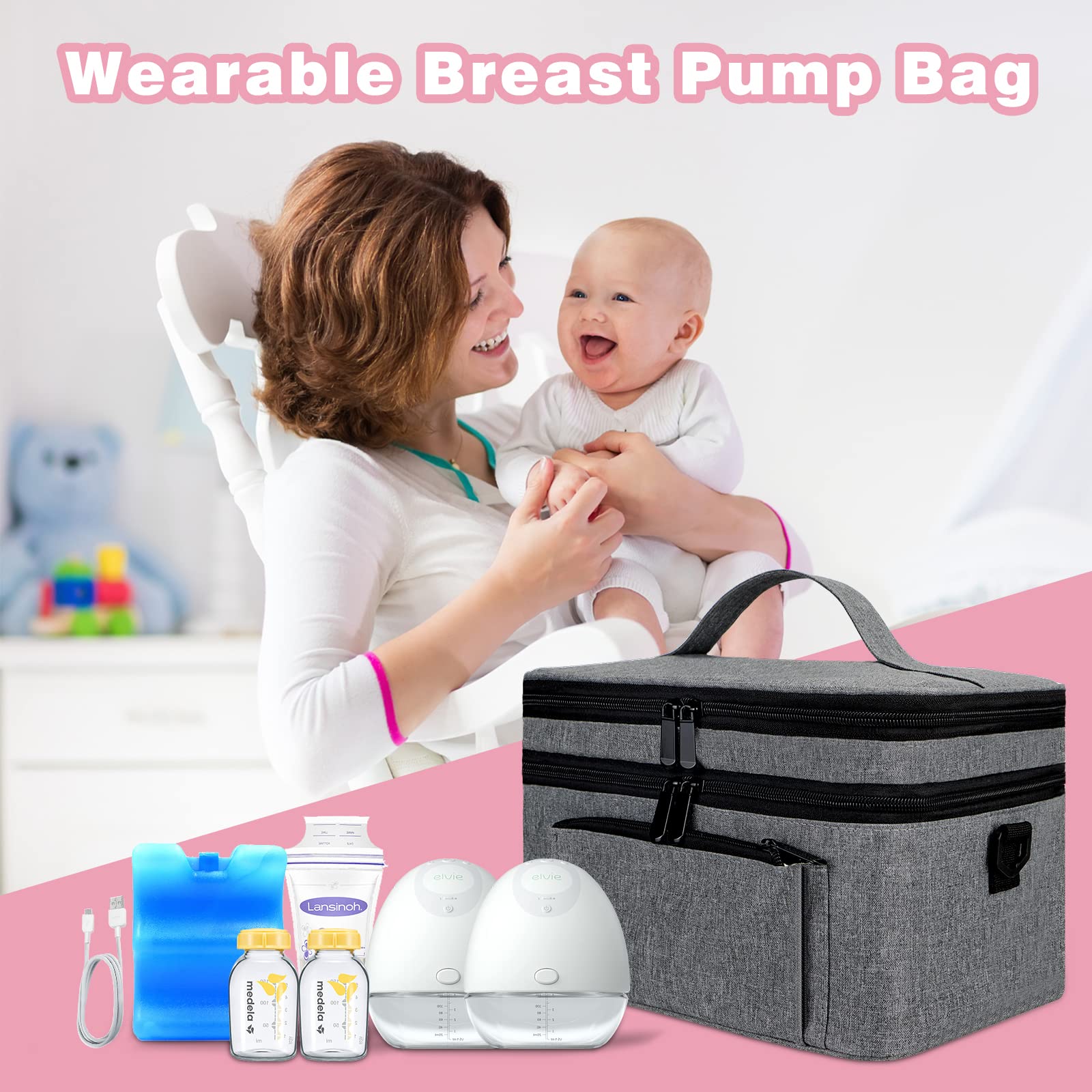JIERIZSHI Wearable Breast Pump Bag with Bag Strap, Portable Breast Pump Storage Bag with Removable Dividers and Insulating Lining, Waterproof Mommy Bag for Breast Pumping