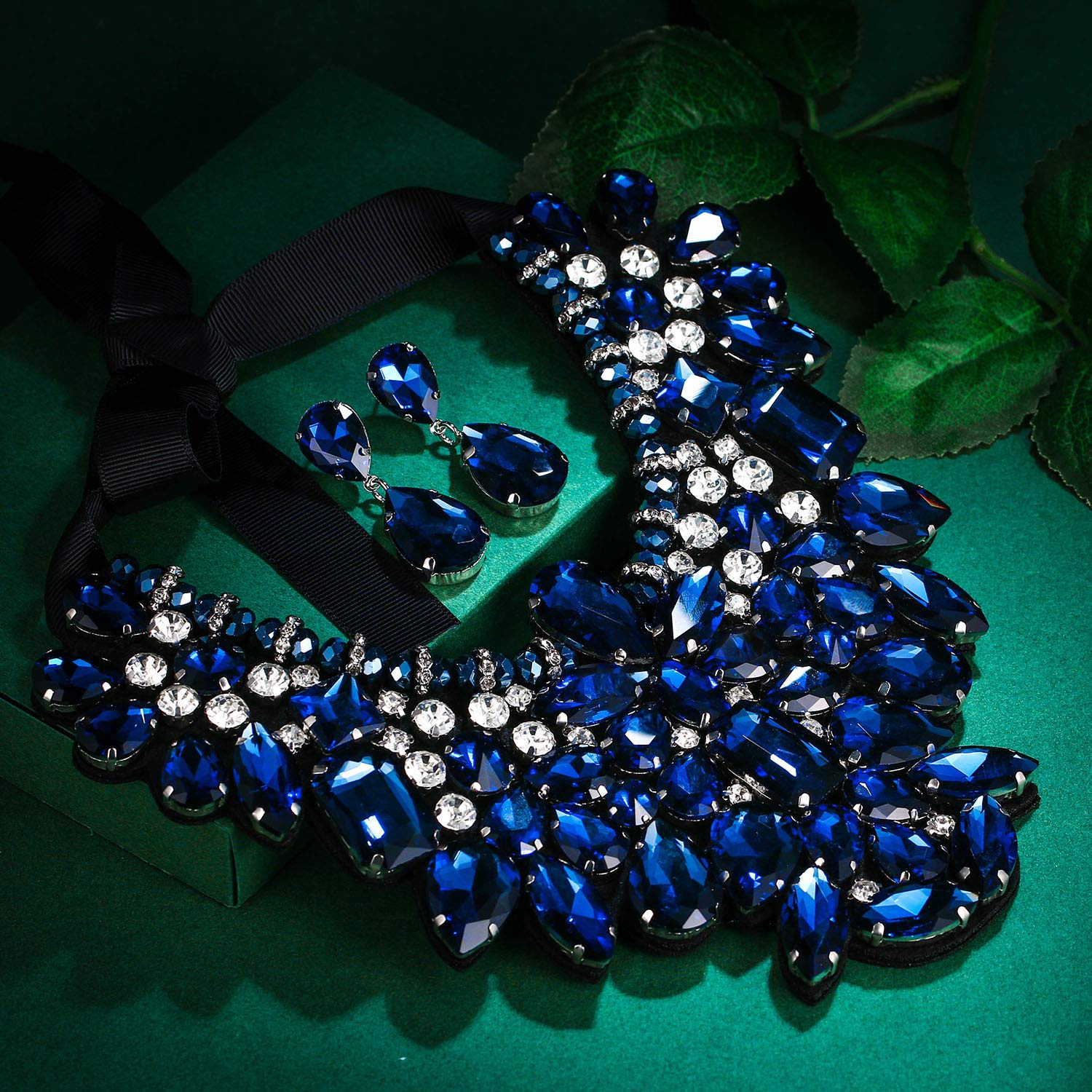 Flyonce Costume Jewelry for Women, Rhinestone Crystal Statement Necklace Earrings Set Dark Blue