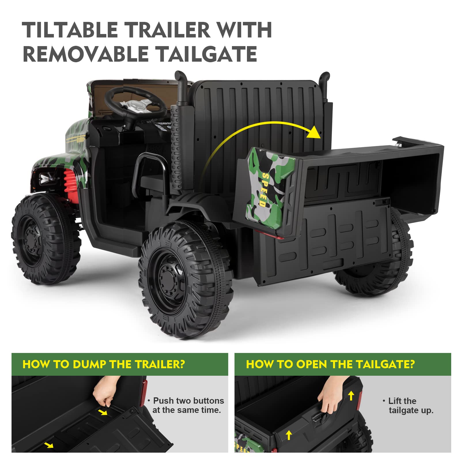 JOYLDIAS 2 Seater Ride On Car, 24V Battery-Powered Toy Tractor with Trailer, Dump Bed, Dual Motors, 4 Large Wheels, 2.4G Remote Control, 3 Speeds, Bluetooth, Camo Green, 47 * 31 * 27 inches