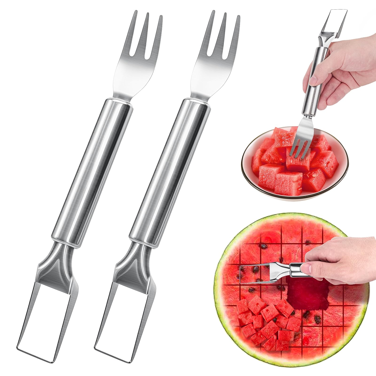 KMOSENIA Watermelon Fork Slicer Cutter, 2-In-1 Stainless Steel Fruit Cutter Tool, Kitchen Gadgets 2024, Household Essentials, Home Finds, Watermelon Slicer For Home Kitchen Party Camping Kitchen (2)