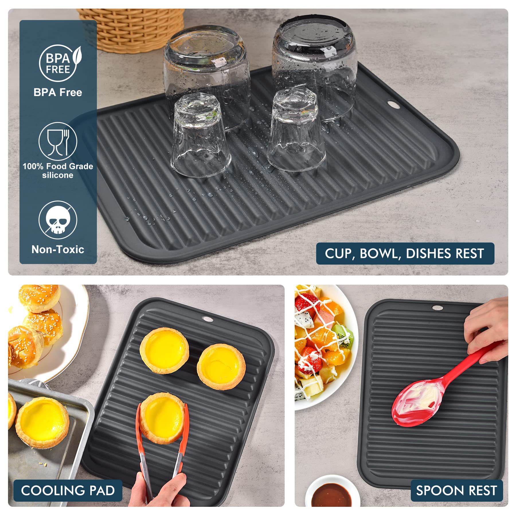 HOTEC Silicone Trivets for Hot pots and Pans, Heat Resistant for Kitchen Counter Dish Drying Mat, Set of 2 Dark Grey