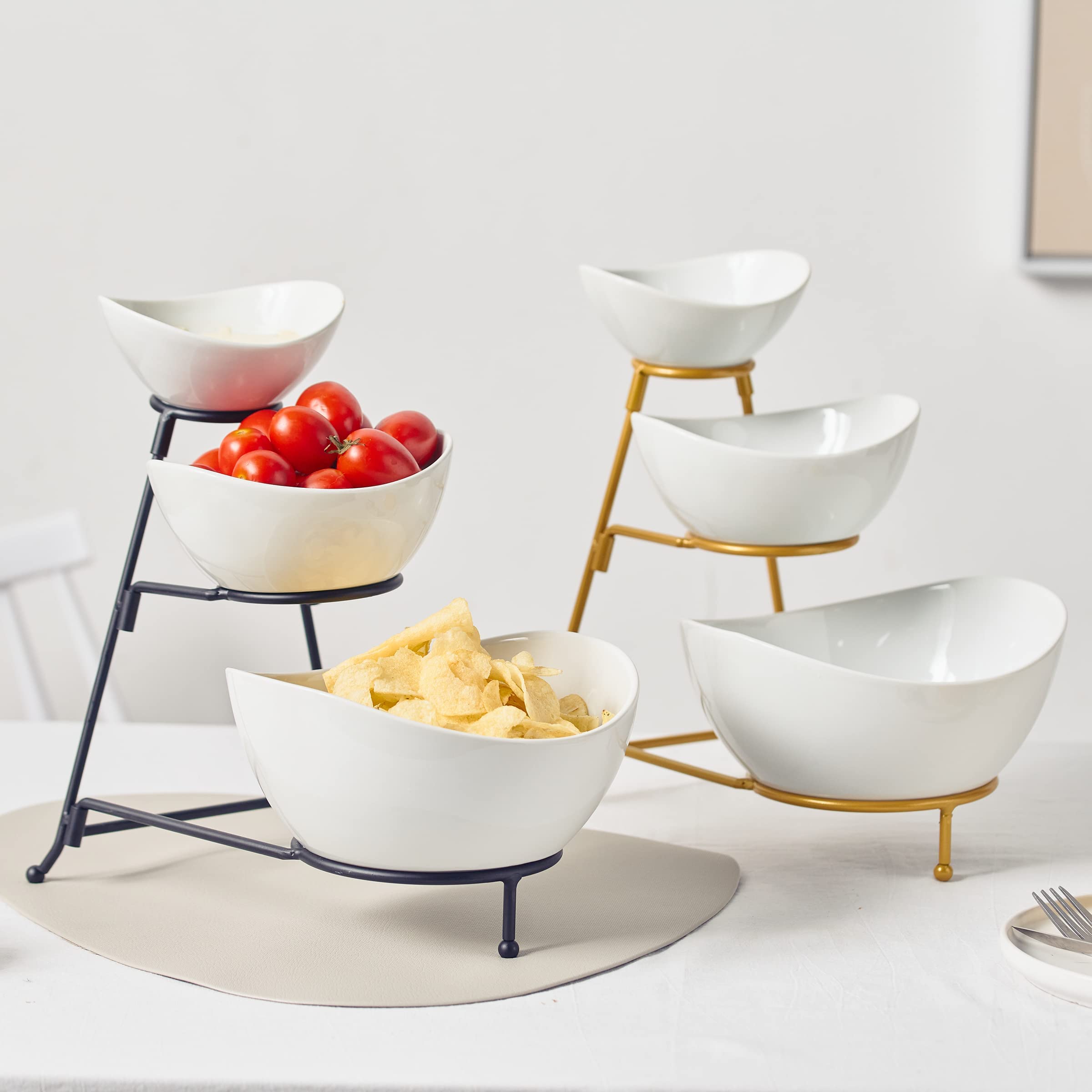 Gomakren 3 Tiered Oval Serving Bowl With Collapsible Metal Rack, Dessert Appetizer, Candy Chip Dip, Fruit, Vegetable Bowl Set, White Serving Dishes For Entertaining (Black)