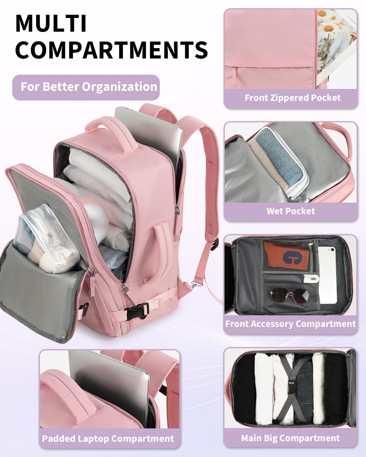 FALARK INC Travel Backpack For Women, 35L Carry On Backpack Flight Approved, Waterproof Personal Item Travel Bag Suitcase Backpack With USB Hole For Weekender, Traveling, Pink