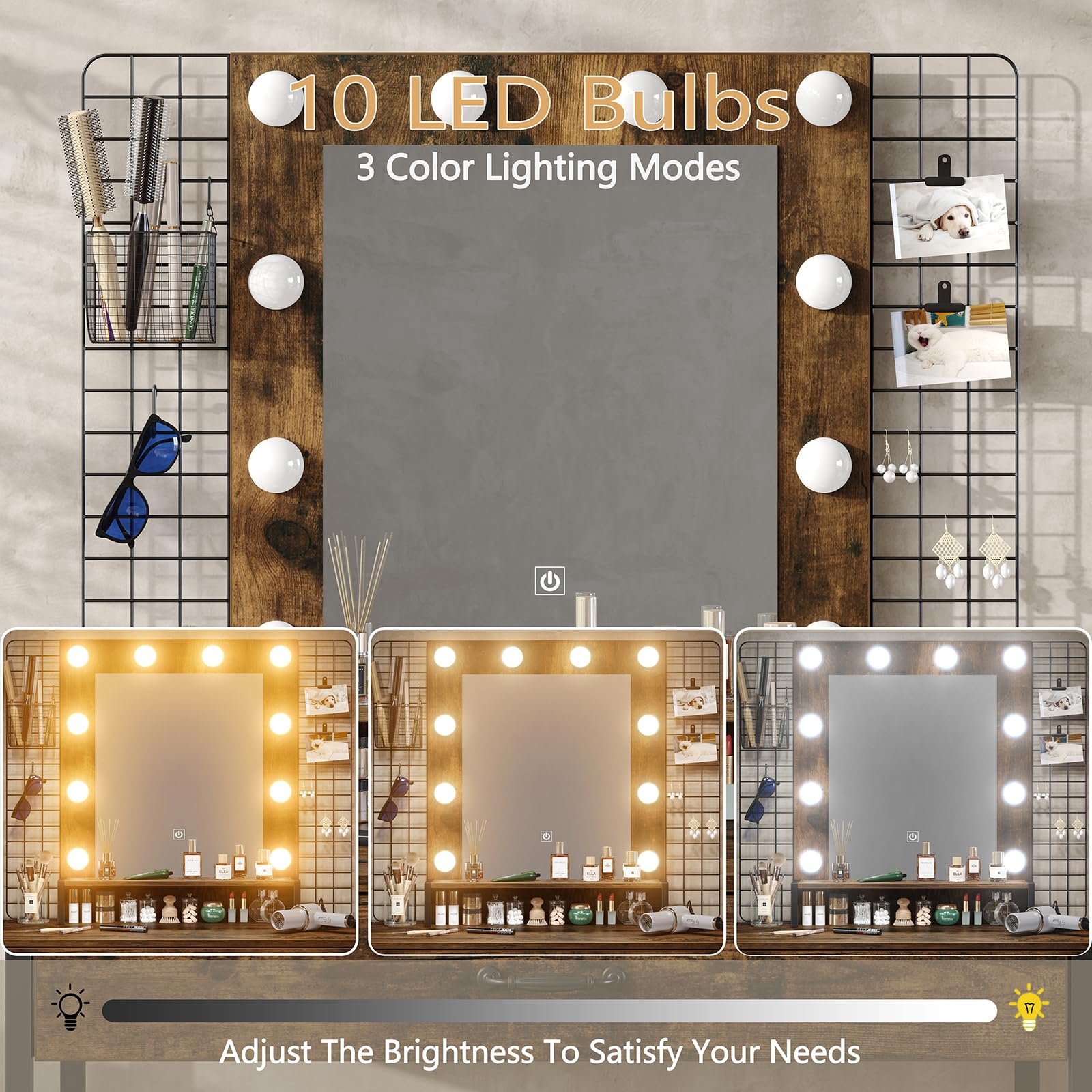 Furniouse 33" W Vanity Desk, Vanity Mirror with Lights and Table Set with Drawers, Vanity Set 3 Lighting Modes Brightness Adjustable for Bedroom Studio