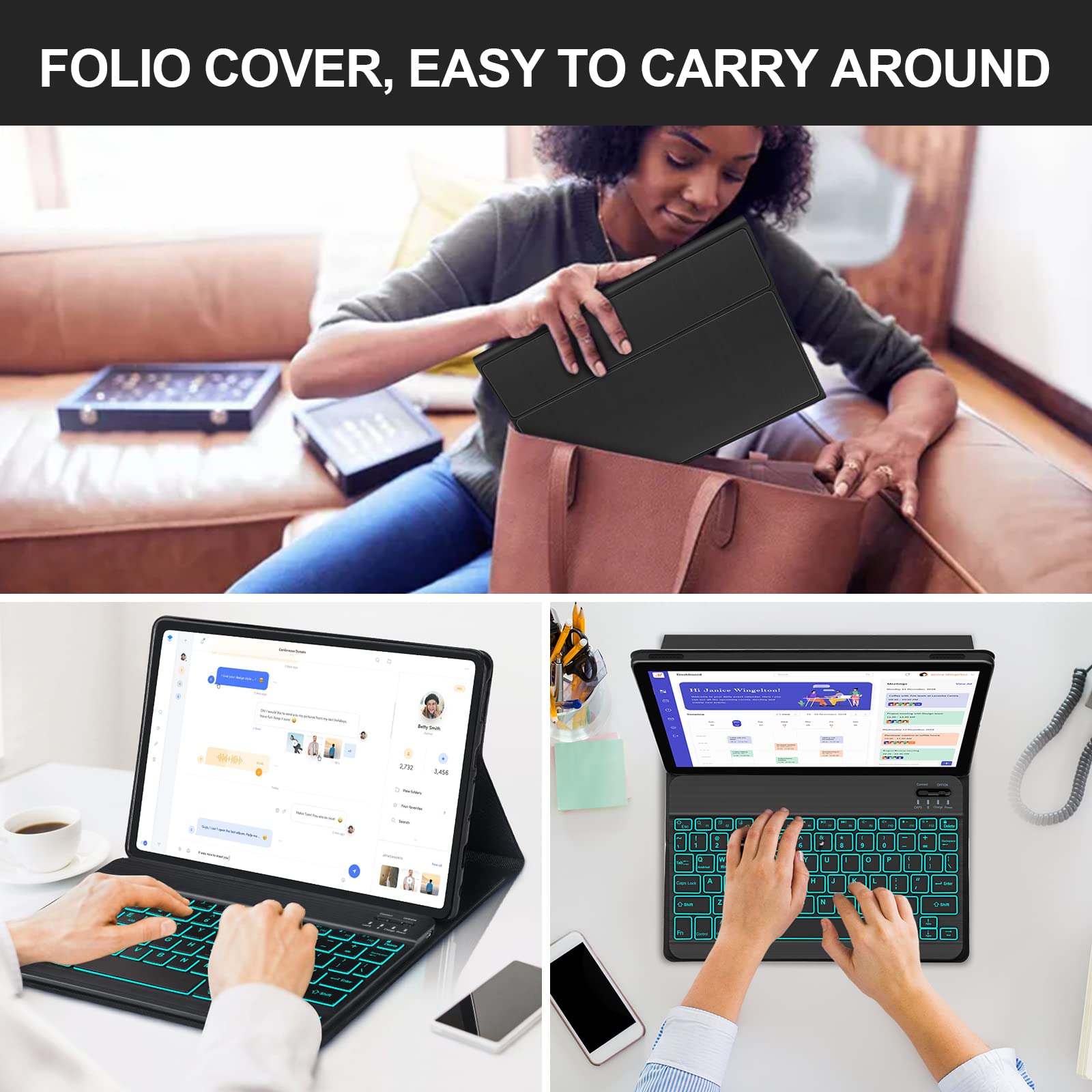 FOGARI Keyboard Case for Galaxy Tab A8 10.5 Inch 2022, Slim Smart Folio Case with 7 Colors Backlit & Magnetic Detachable Wireless Keyboard, Black