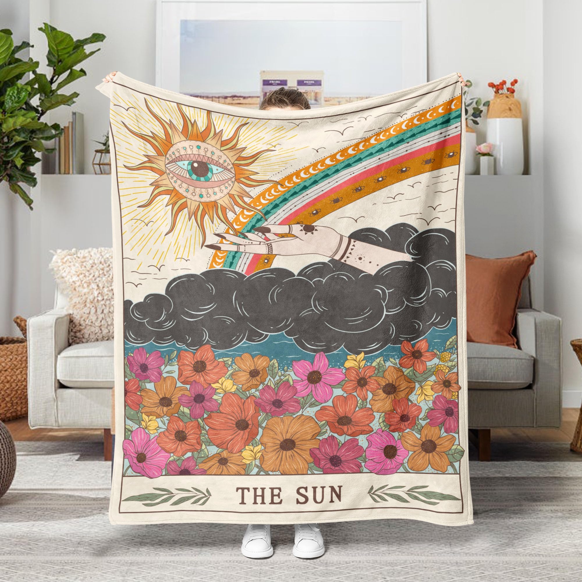YEXIT Floral The Star Tarot Card Throw Blanket, Boho Zodiac Flower 12 Constellations Pink Cozy Decor Nap Blankets Girls Gift Sofa Bed Couch Chair or Dorm Throws Beige 40×50 inches