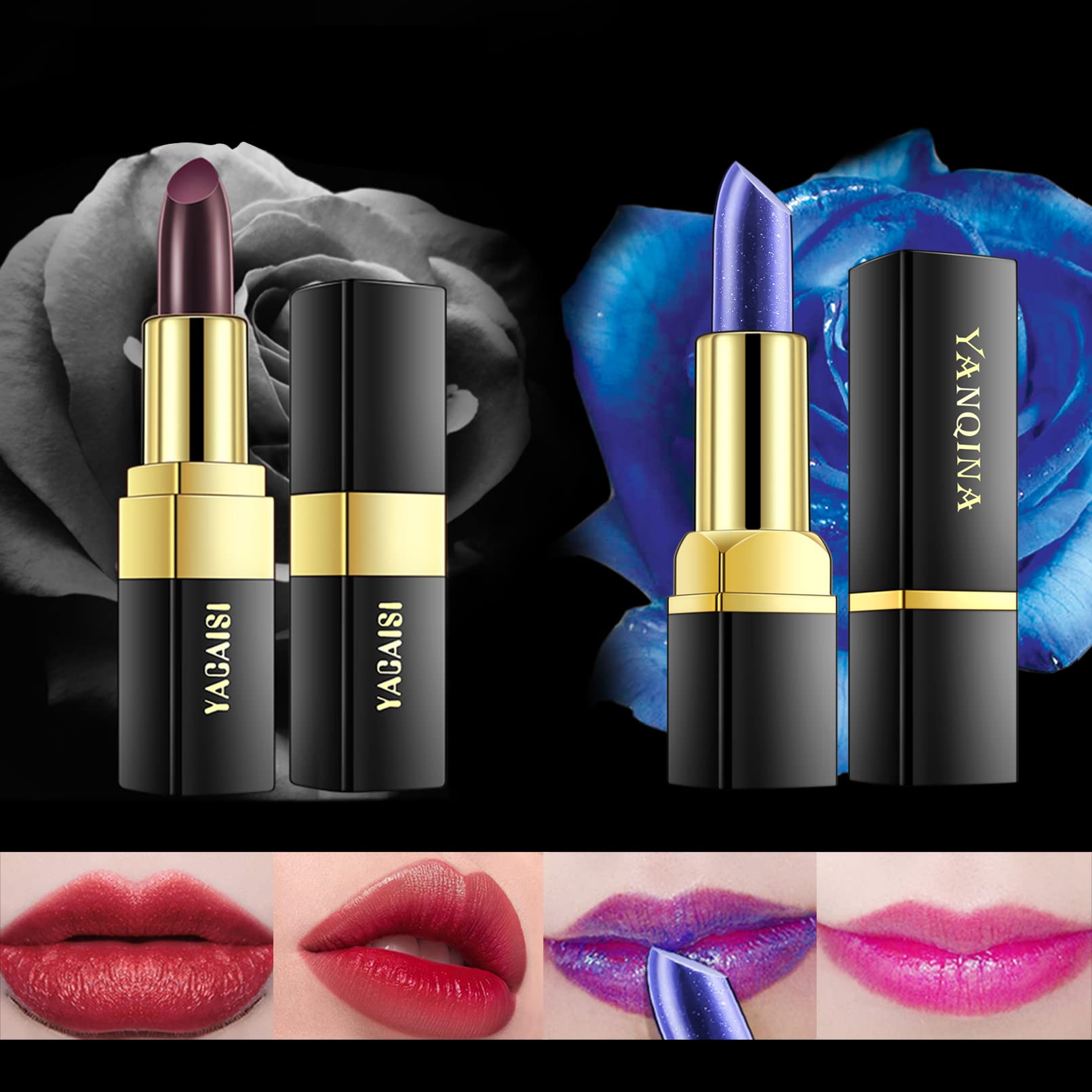MEICOLY 2 Pcs Magic Color Changing Lipstick,Matte Black Shimmer Blue Lipstick,Labiales Magicos Nutritious Tinted Lip Balm Lips Moisturizer Lazy Lipstick For Women,Black+Blue