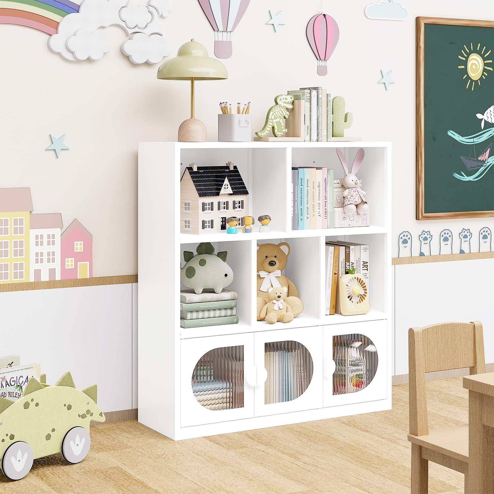 NODHM Toy Storage Organizer and Storage, Metal Toy Organizers with 5 Storage Cubbies and 3 Storage Cabinets, Book Shelf for Kids Rooms,Nursery, Playroom, Bedroom