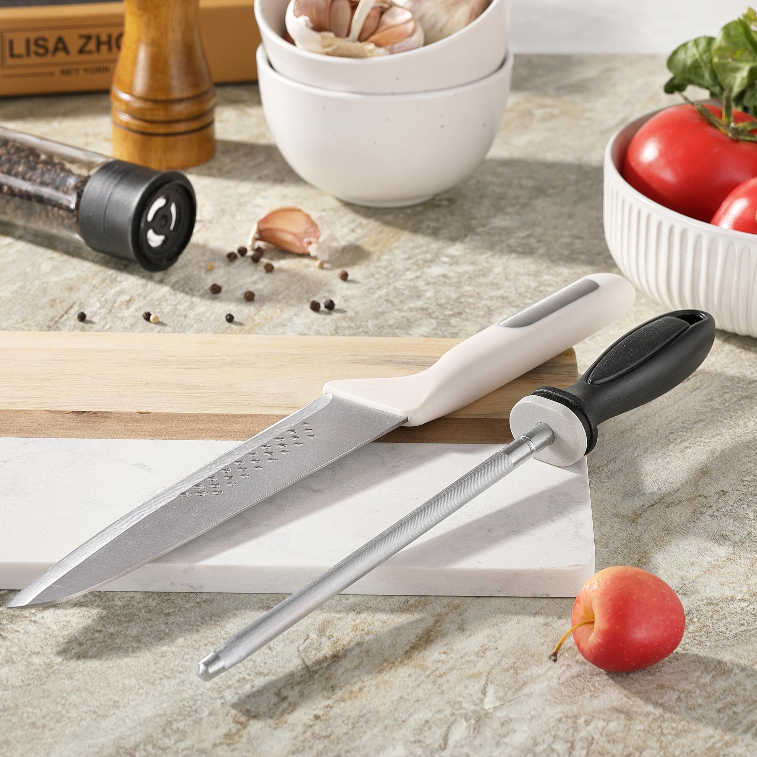 Knife Sharpener Rod, Little Cook 12 inch Knife Sharpening Steel, Knife Sharpening Rod with Ergonomic PP Handle (black)