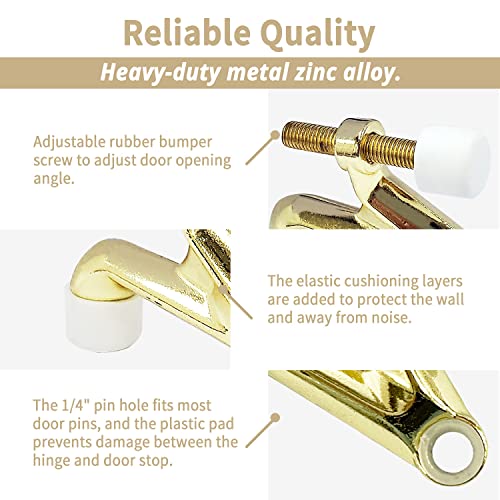Greatim 4 Pack Hinge Pin Door Stopper,Adjustable Heavy Duty Door Stopper with Rubber Bumper Tips (Polished Brass)