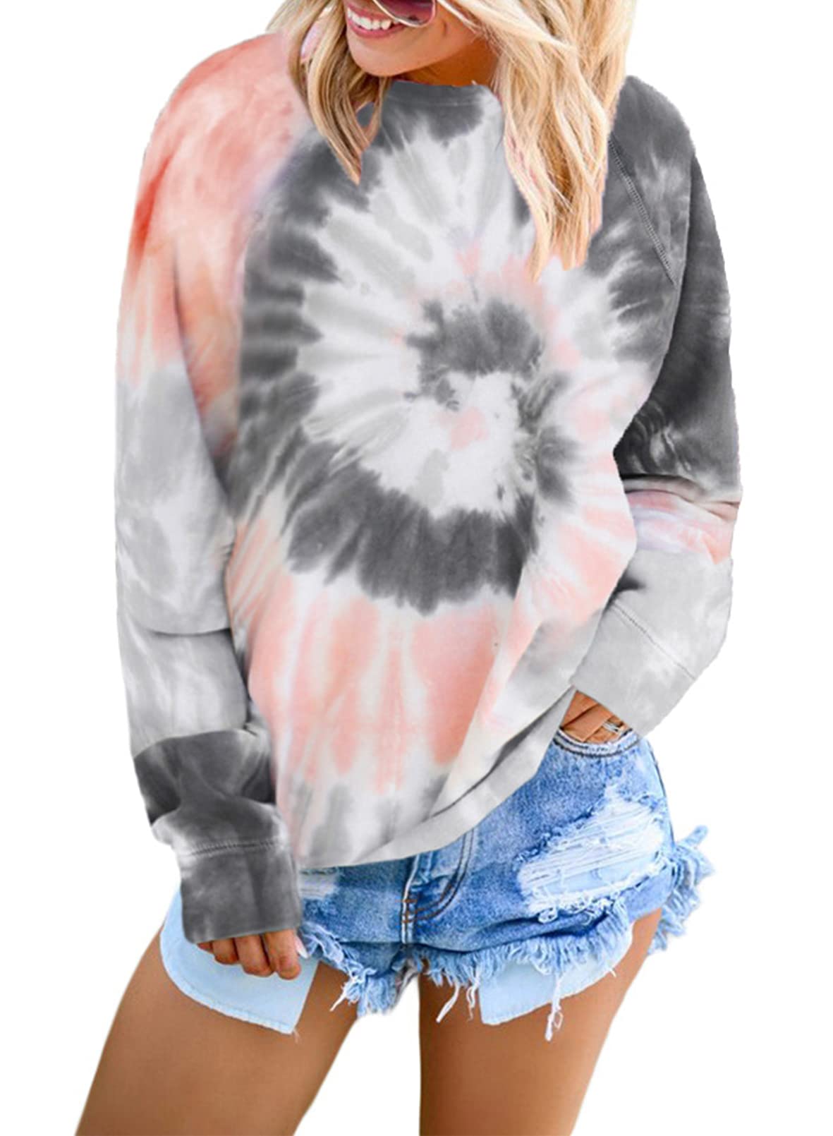 Eytino Women Tie Dye Printed Crew Neck Long Sleeve Pullover Sweatshirt Tops,Large Gray