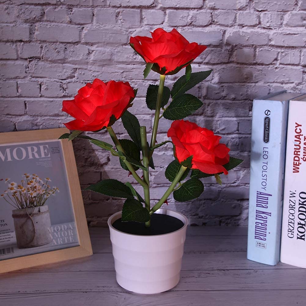 Fdit Artificial Rose 3LED Lamp Solar Simulation Flower Light for Home Garden Yard Lawn Path Way Party Decorative