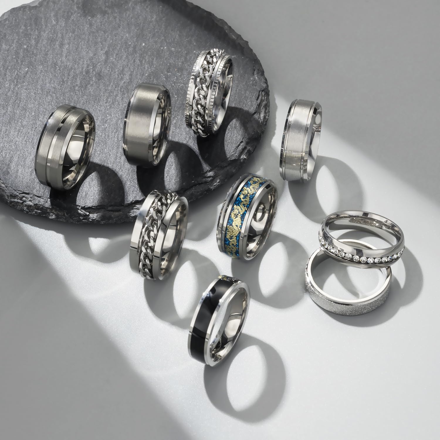 EIELO 9Pcs Stainless Steel Band Rings for Men Women Cool Fidget Spinning Chain Ring Anxiety Relief Fashion Simple Wedding Engagement Silver Ring Set