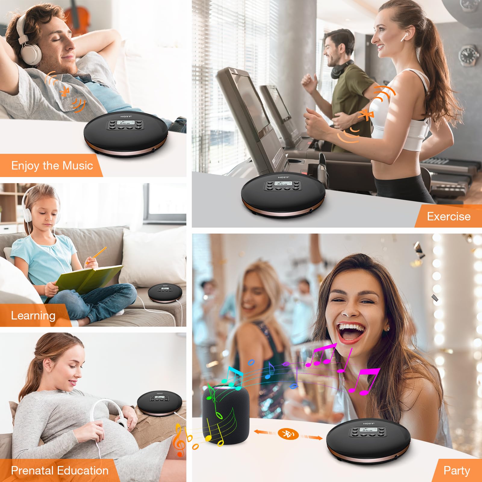 HOTT CD Player Portable with Bluetooth, Portable CD Player, CD-R,MP3 USB Rechargeable Walkman CD Player with Headphones and AUX Cable for Car Travel, Discman CD Player with Shockproof (CD711T)
