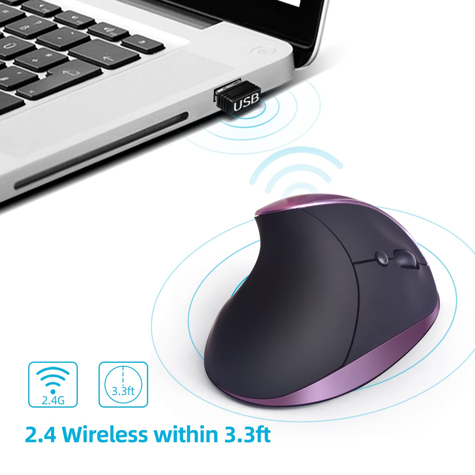 Woddlffy Ergonomic Mouse Wireless,Rechargeable Vertical Mouse Right Handed Small Mouse with 6 Buttons 1000/1200/1600 for Laptop,Desktop,PC, MacBook(Purple
