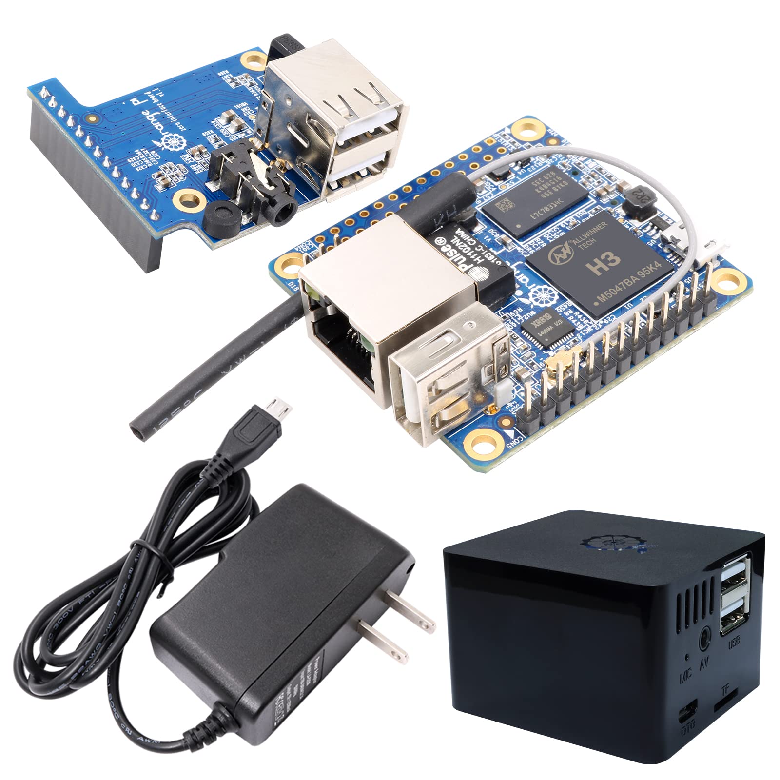 Orange Pi Zero 512MB SDRAM AllWinner H3 Quad Core Open Source Single Board Computer, Microcontroller Run Android, Ubuntu, Debian (Zero +Expansion Board +BK Case +OTG Power Supply)
